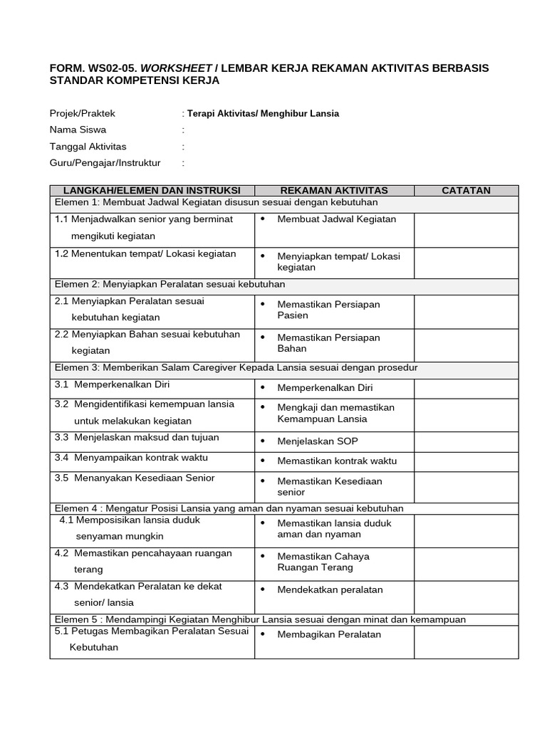Form. WS02-05. Lembar Kerja Terapi Aktivitas - Menghibur Lansia LPKC | PDF