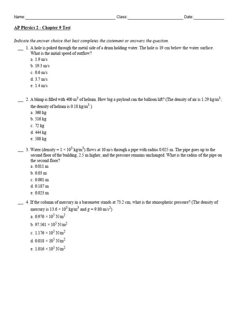 AP2_Ch09b_Practice | PDF | Pressure | Density