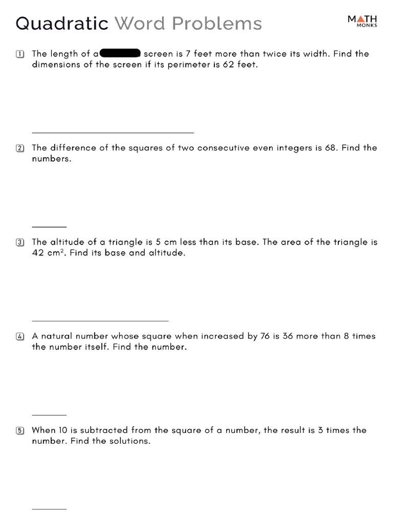 Quadratic 1 Word Problems Worksheet | PDF