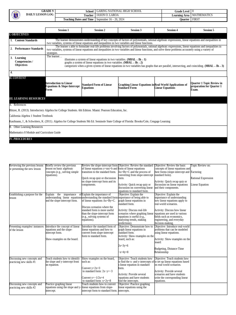 Math8 DLL Q1W8 | PDF | Equations | Algebra