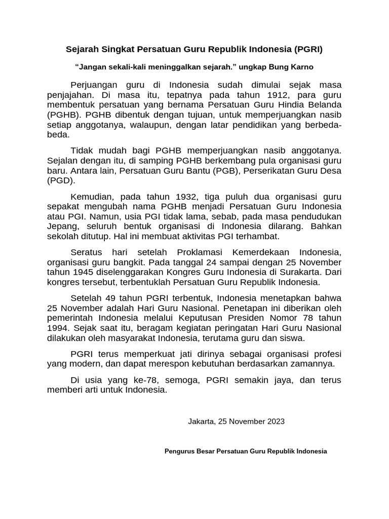 Sejarah Singkat PGRI dan Perkembangannya | PDF | Sejarah | Agama ...