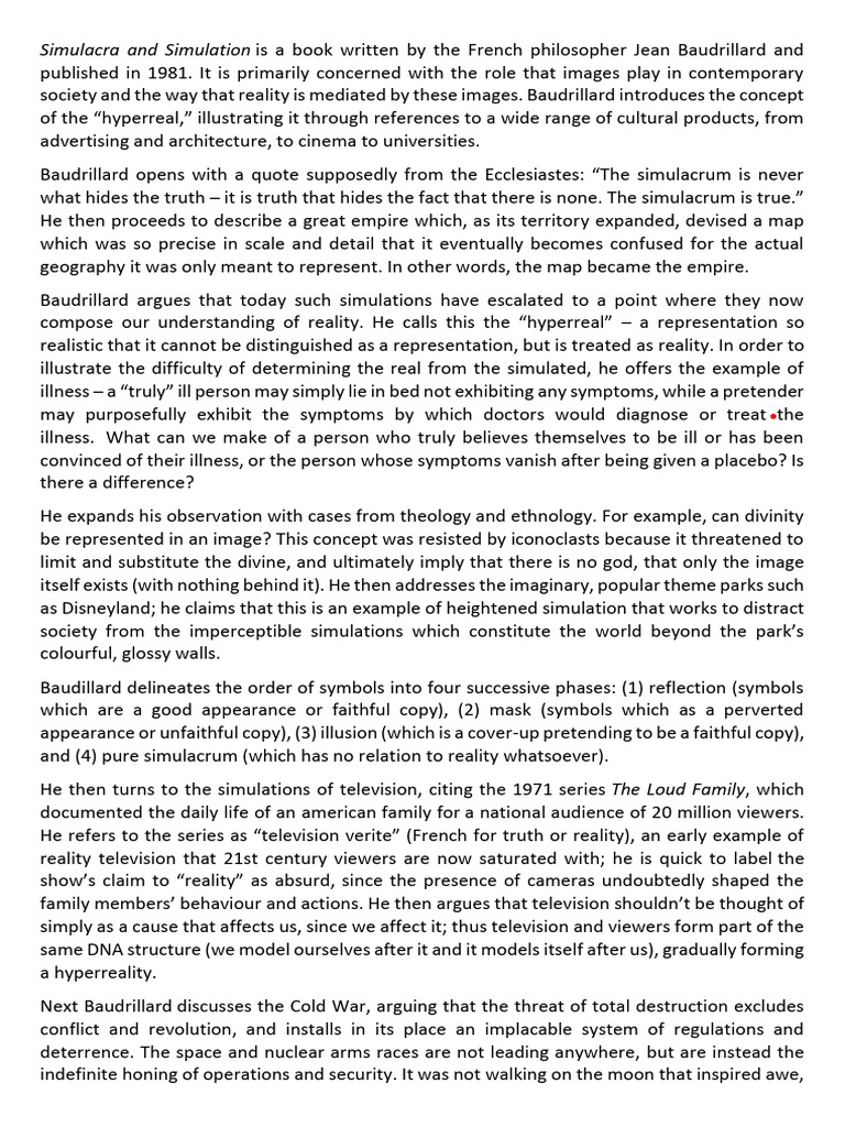 Simulacra and Simulation For Studetns PDF | PDF