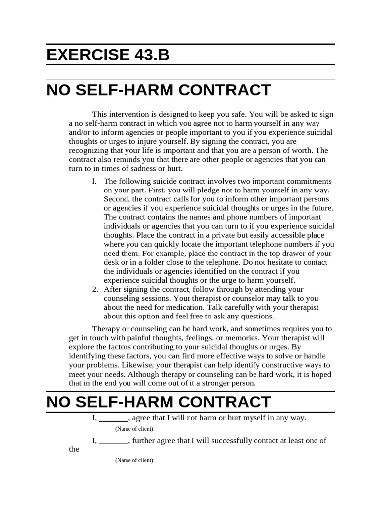 No Self-Harm Contract Template | PDF | Psychotherapy | Self Harm
