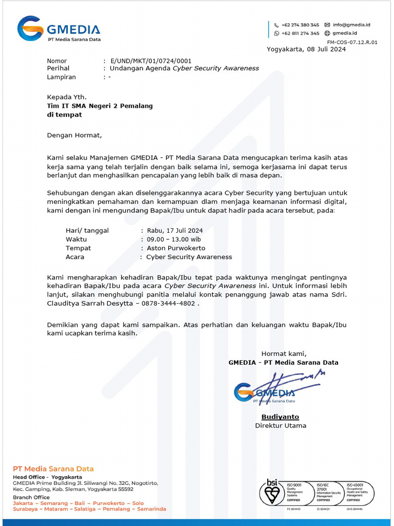 (MKT) Undangan Agenda Cyber Security Awareness SMA 2 Pemalang (Signed) - 1 | PDF