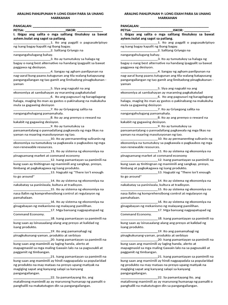 Ap9 Q1 Long Exam 1-5 | PDF