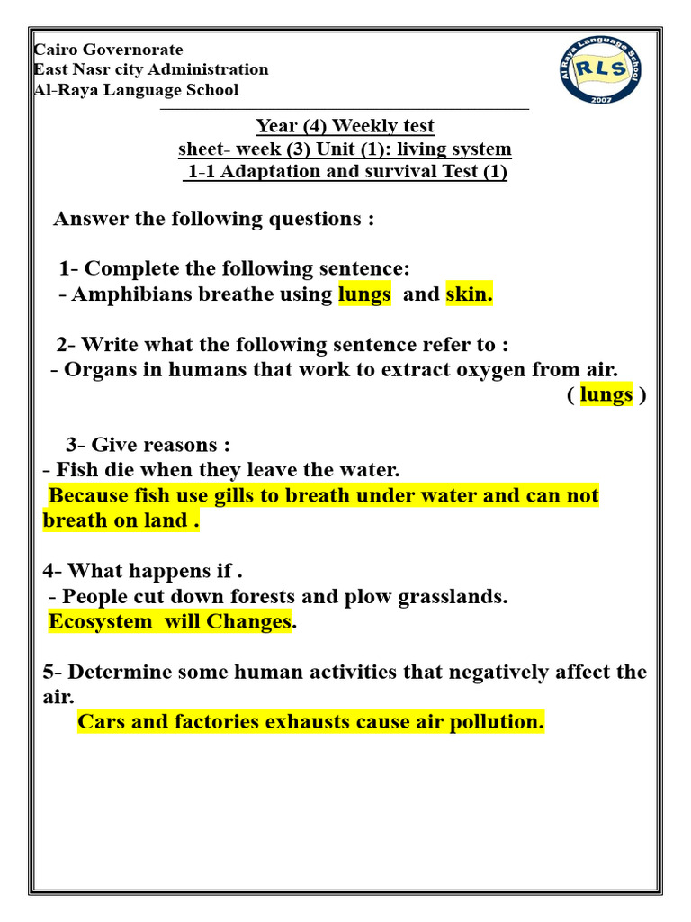 Science Week 3 Eval Answes | PDF | Breathing | Water