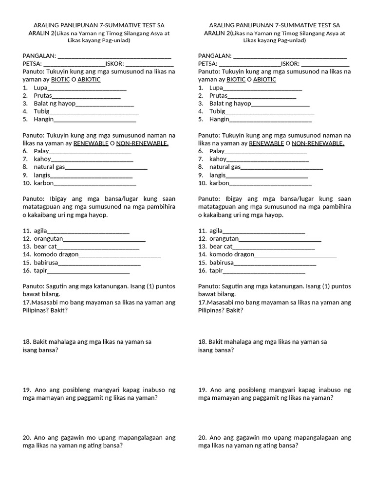 Ap 7 Matatag Summative Test Q1 Week 2 | PDF