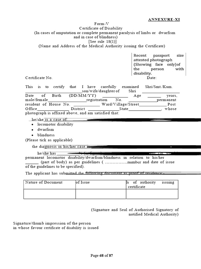 Disability Certificate Form XI Guidelines | PDF