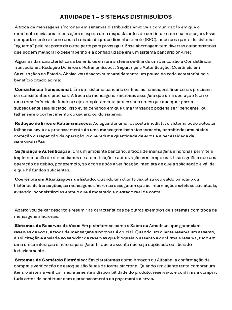 ATIVIDADE 1 - SISTEMAS DISTRIBUÍDOS | PDF | Sistema de processamento ...
