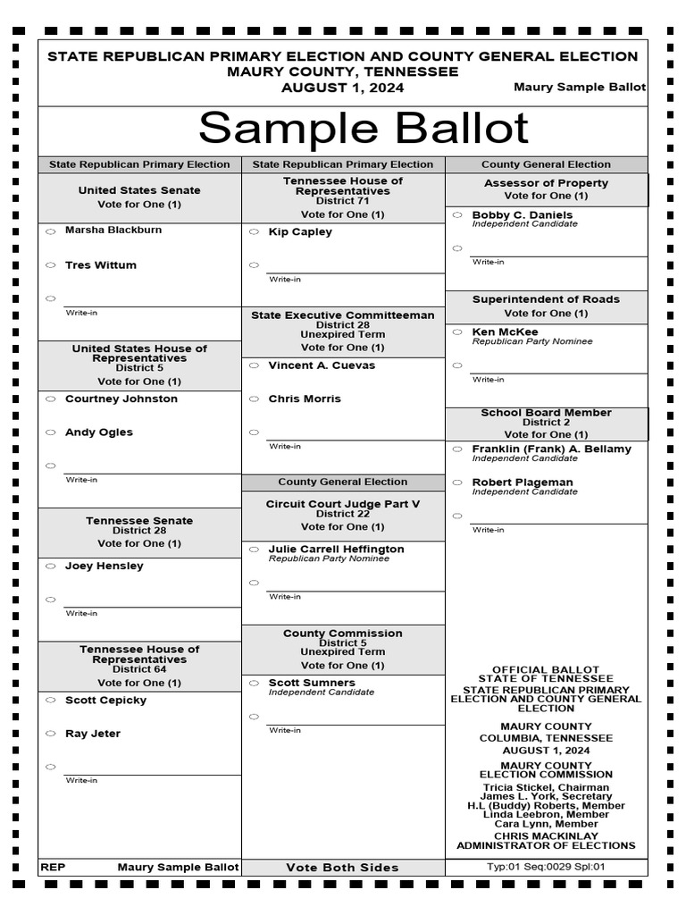 Maury County Election Sample Ballots 2024 | PDF | Independent ...