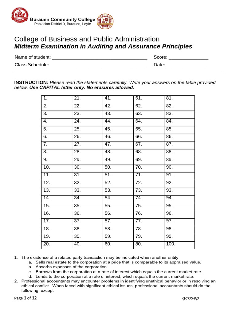 Midterm Examination in AAP - Noans | PDF | Audit | Internal Control