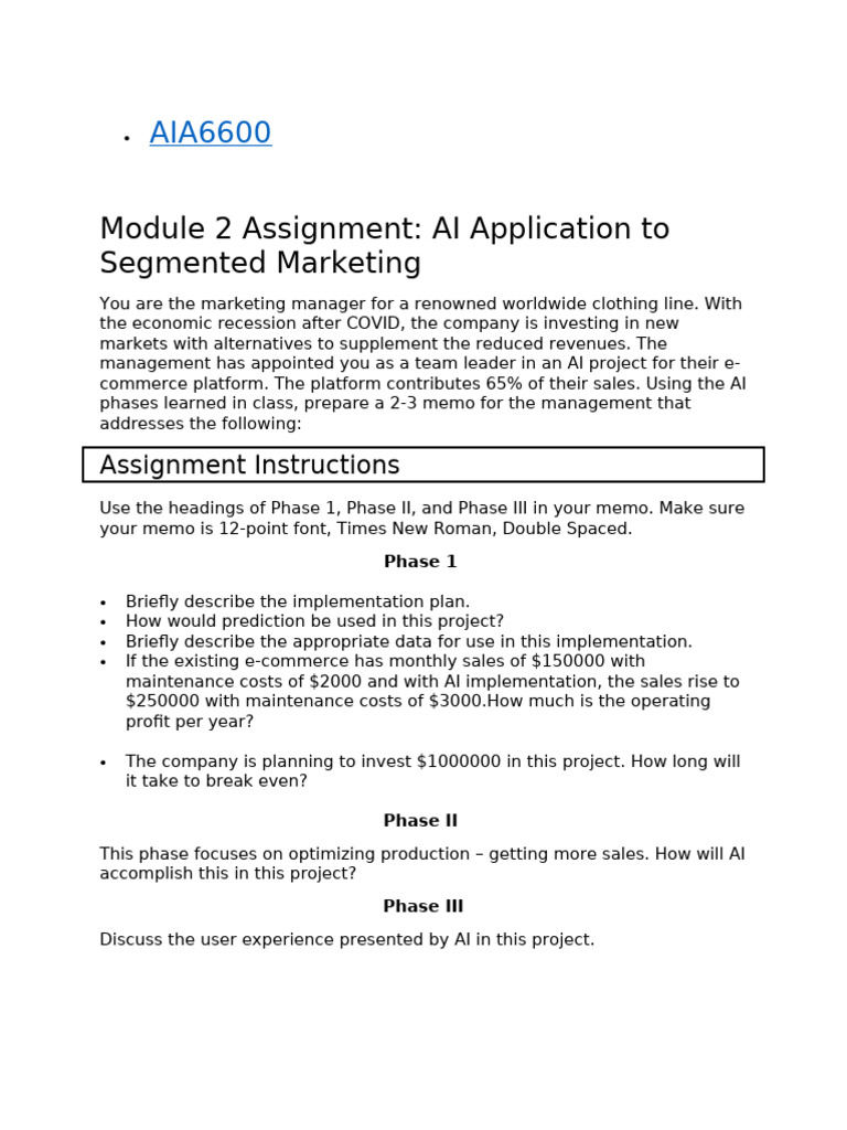 AIA6600 module 2 assignments instruction | PDF | Analytics | Artificial ...