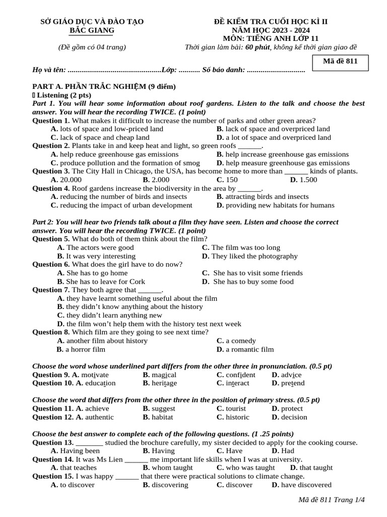Anh11 - Ma 811 HKII 2023-2024 | PDF | Foods | Herbivore