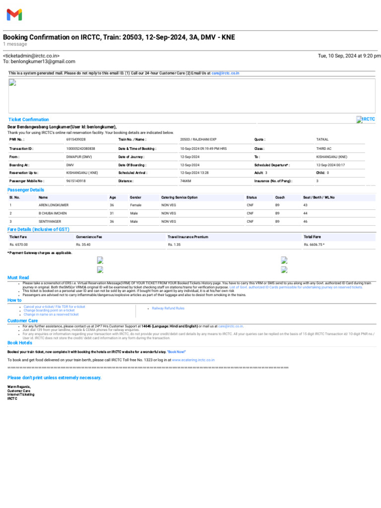Gmail - Booking Confirmation On IRCTC, Train - 20503, 12-Sep-2024, 3A ...