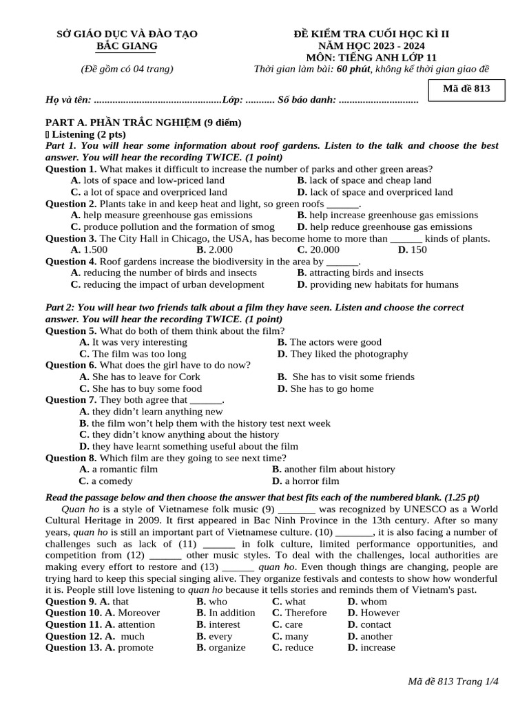 Anh11 - Ma 813 HKII 2023-2024 | PDF | Foods | Predation