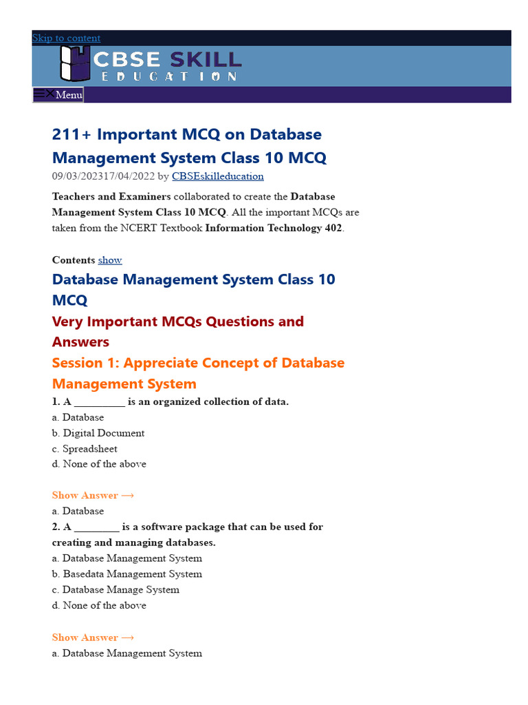 Cbseskilleducation Com Database Management System Class 10 Mcq | PDF | Databases | Sql