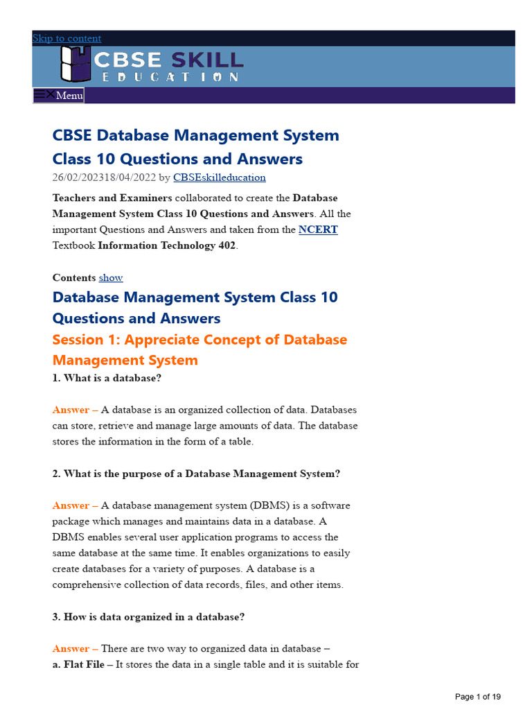 Cbseskilleducation Com Database Management System Class 10 Questions and Answers | PDF ...