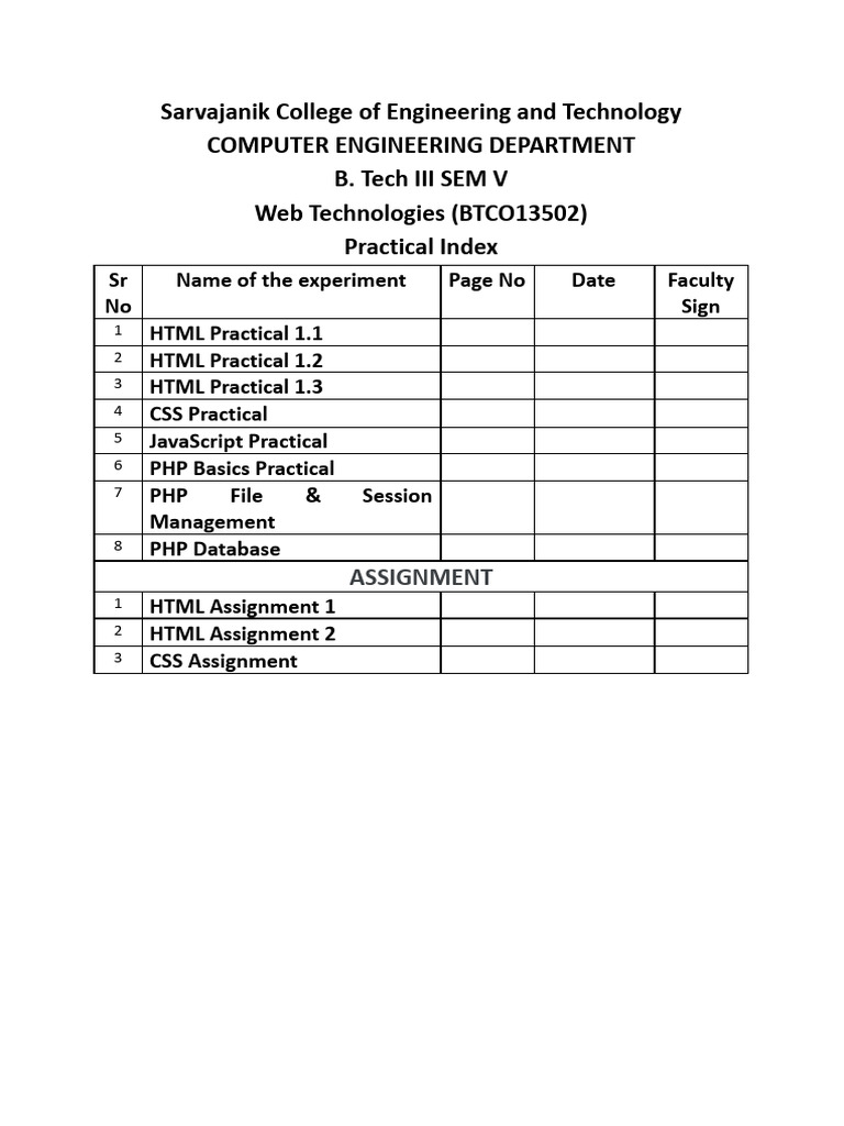 Web Technologies Practical Index | PDF