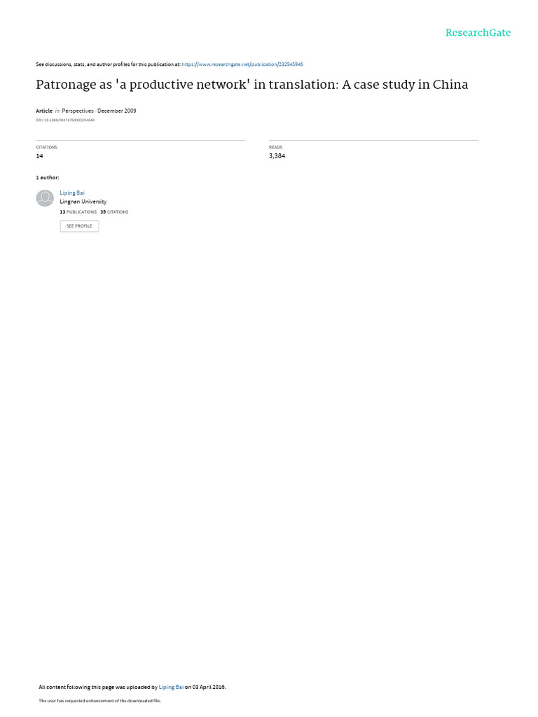 Patronage As 'A Productive Network' in Translation: A Case Study in ...