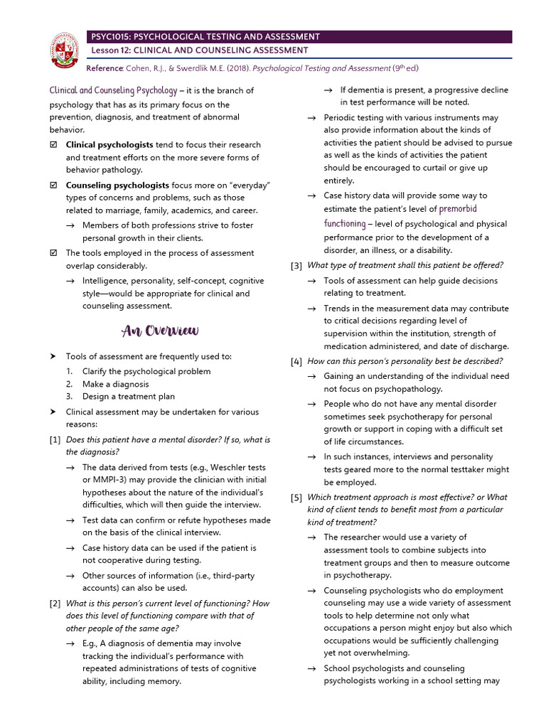 Week 12 - Clinical and Counseling Assessment | PDF | Competence (Law ...