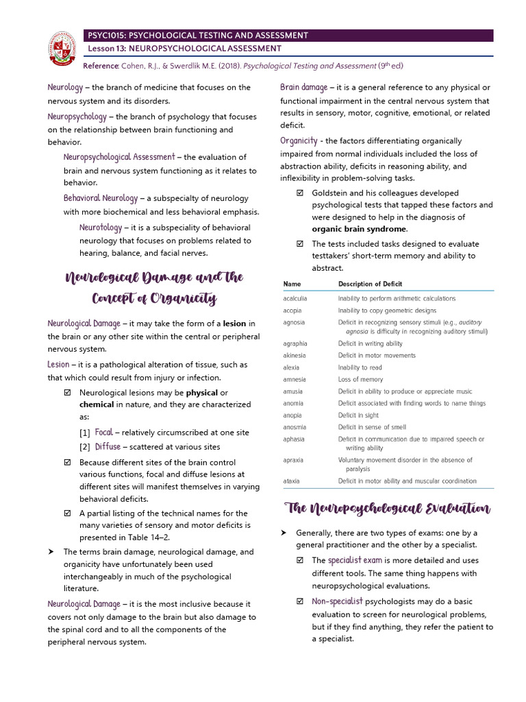 Week 13 - Neuropsychological Assessment | PDF | Neurology | Memory