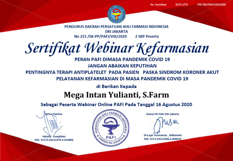 SERTIFIKAT Mega Intan Yulianti, S.Farm | PDF | Sains & Matematika