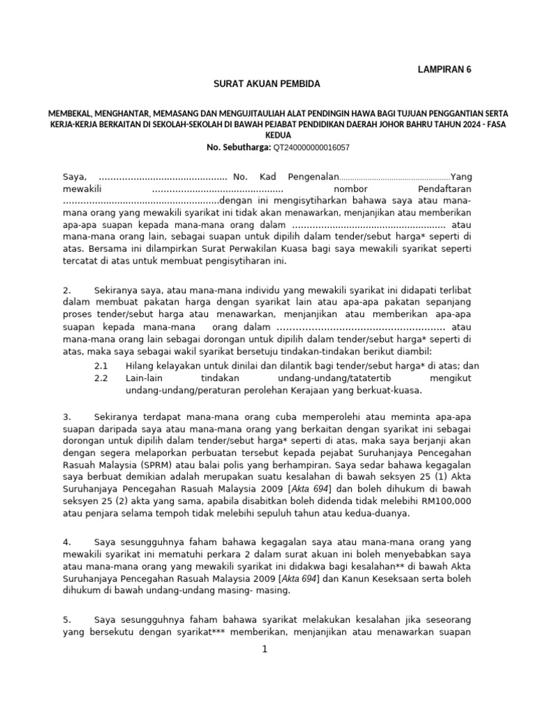 Surat Akuan Pembida (Lampiran 6) | PDF