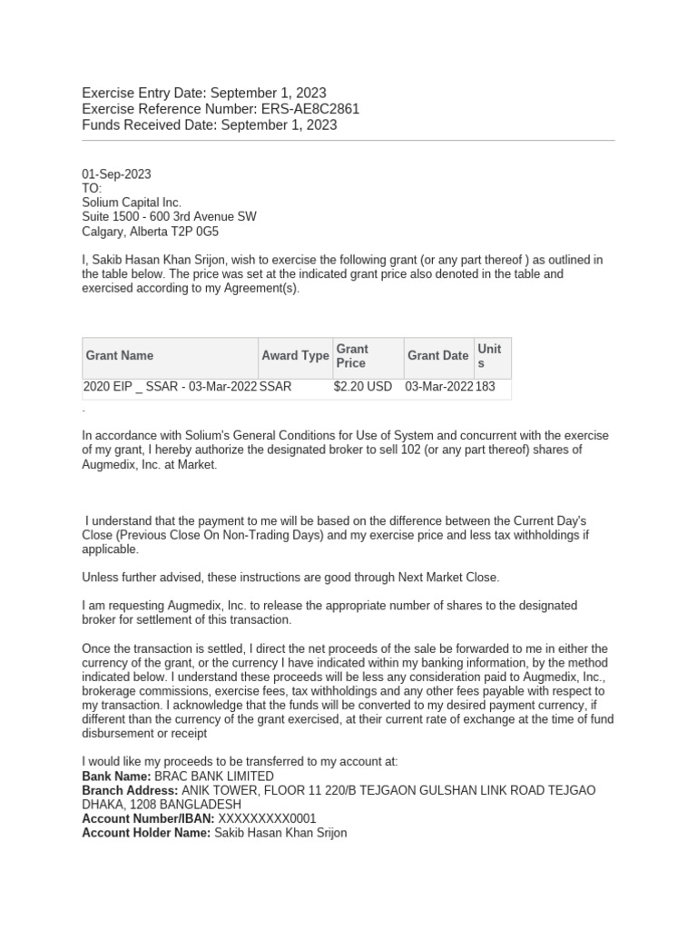 Exercise Entry Date: September 1, 2023 Exercise Reference Number: ERS ...