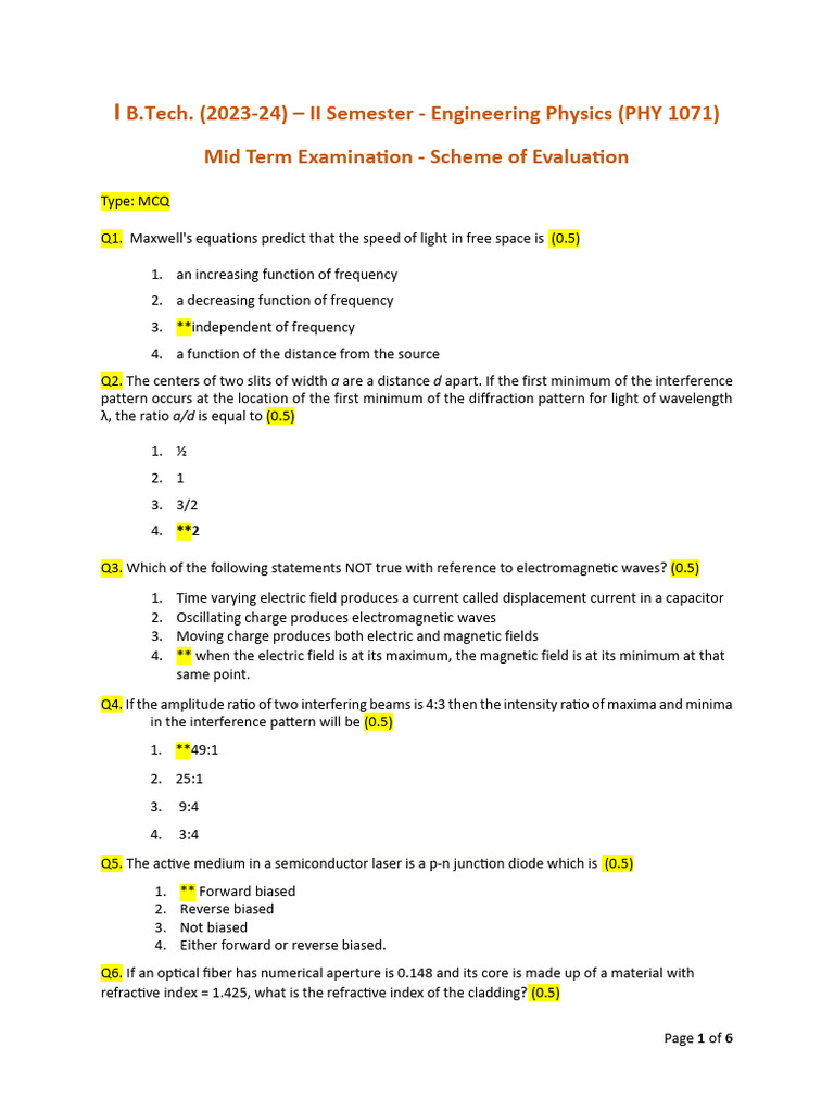 Mid Term Exam QP-Scheme_2024 | PDF | Physics | Electromagnetic Radiation