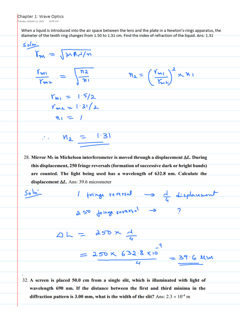 Chapter 1_Wave Optics_Numericals | PDF