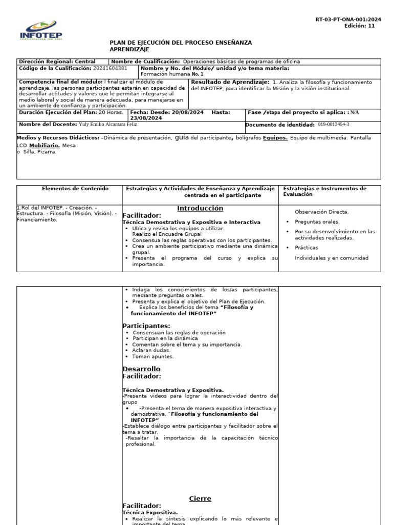 Modelo Plan de Ejecucion Formacion Humana - 1 | PDF | Evaluación ...