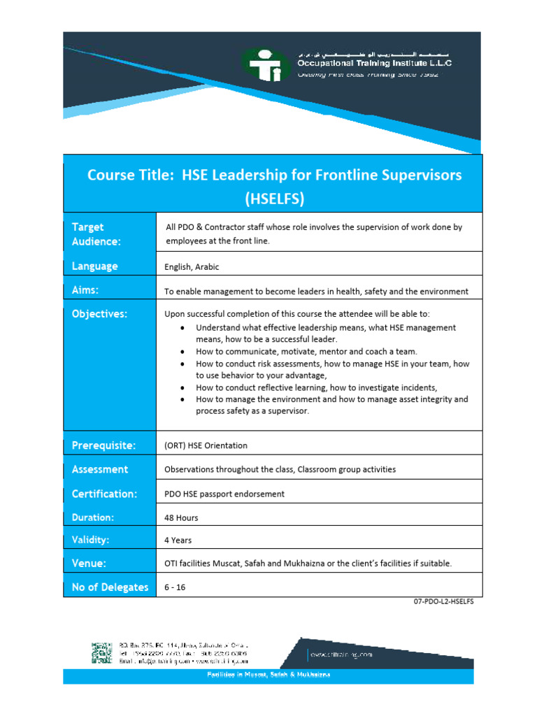 07 PDO L2 HSE Leadersip For Frontline Supervisors HSELFS | PDF | Career ...
