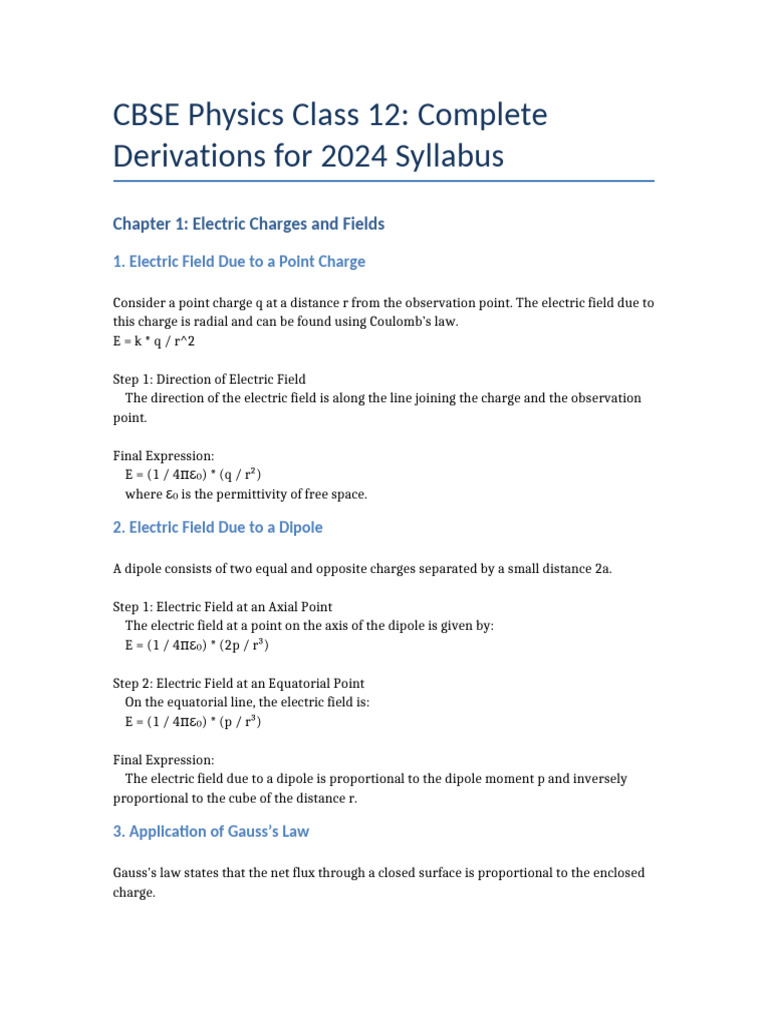 Complete CBSE Physics Class12 2024 Derivations | PDF
