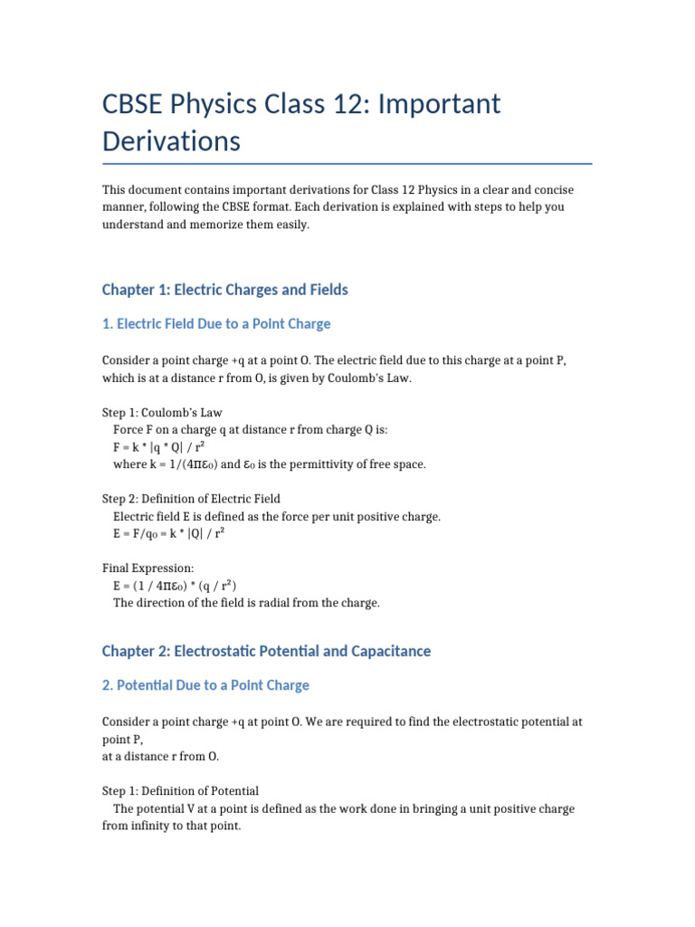 CBSE Class 12 Physics Derivations | PDF | Science & Mathematics