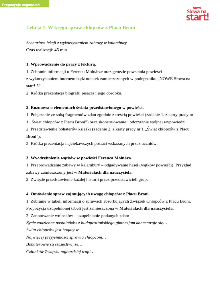 Chlopcy Z Placu Broni Lektura Obowiazkowa Propozycje Zagadnien | PDF