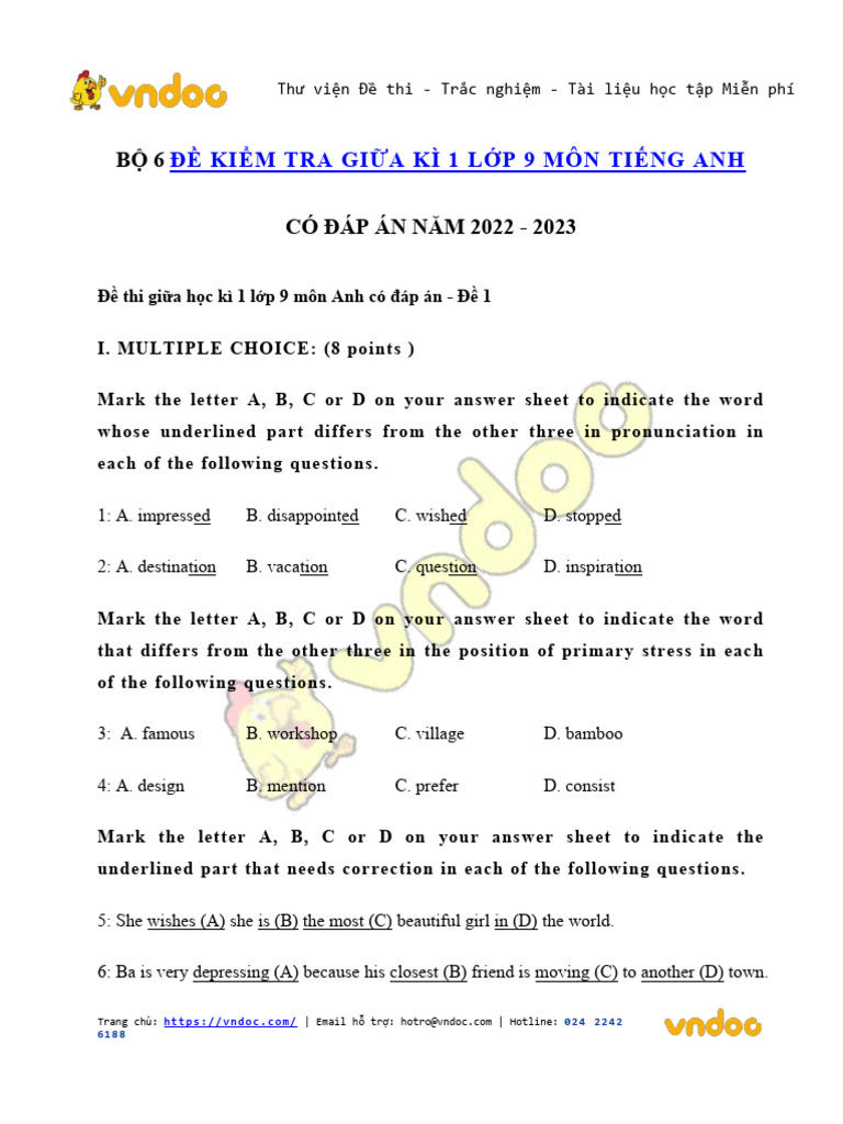 Bo de Thi Giua Ki 1 Lop 9 Mon Tieng Anh Nam 2022 | PDF | Jeans