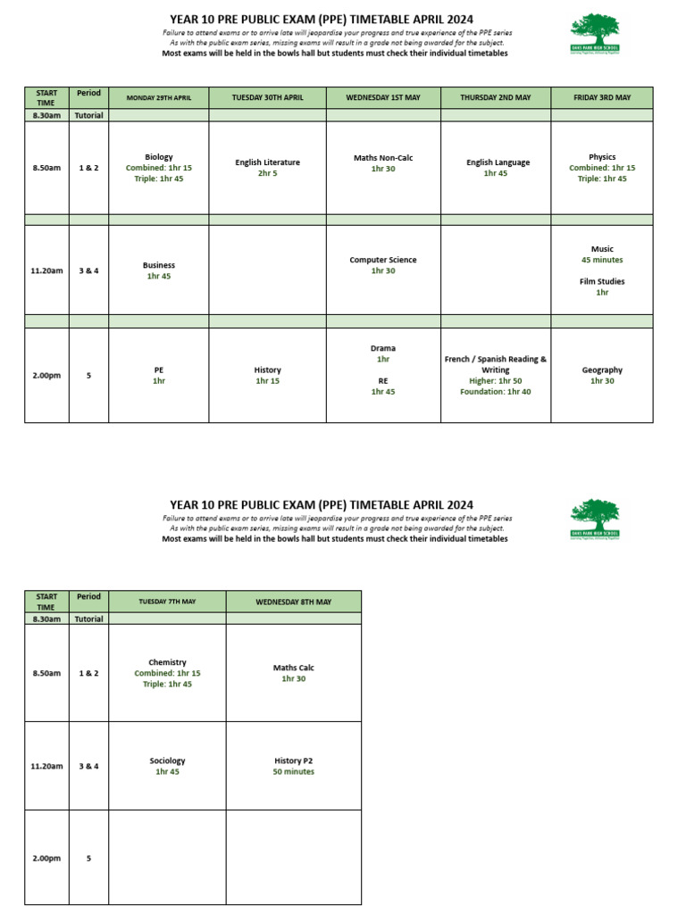 Y10 PPE Timetable April 2024.docx | PDF | Science