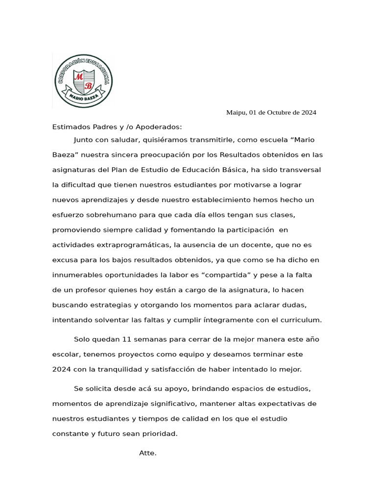 Carta Apoderados Octubre 2024 | PDF | Crecimiento personal y profesional | Salud y bienestar