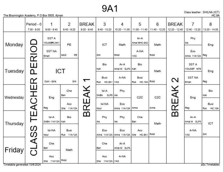 Timetable of Each Class - Secondary - 6 - Oct-16 | PDF