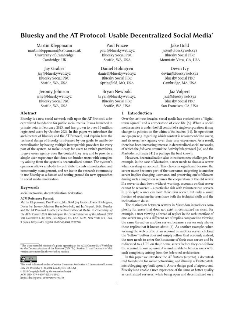 Bluesky and The AT Protocol: Usable Decentralized Social Media | PDF ...