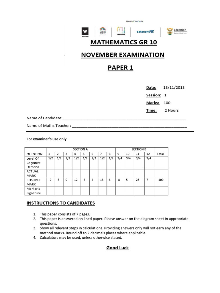 2013 IEB G10 Maths Nov Paper 1-QP | PDF | Numbers | Mathematics