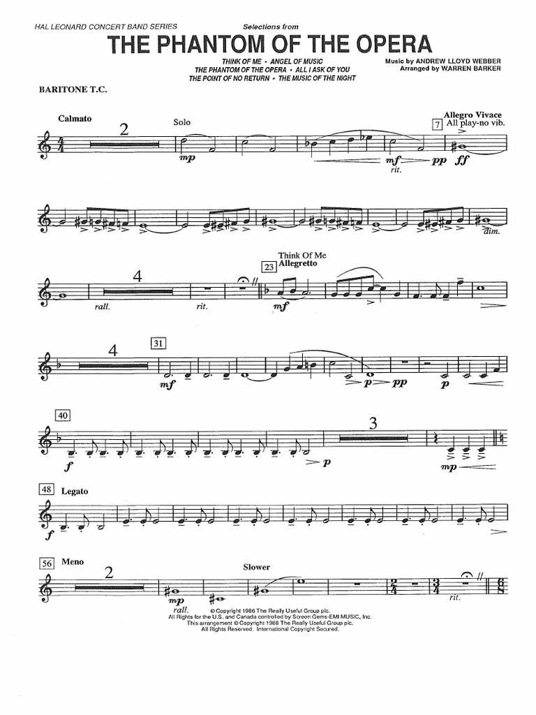 Phantom of The Opera Selections. Baritone TC | PDF