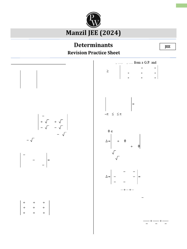 JEE 2024 Determinants Practice Sheet | PDF | Abstract Algebra ...