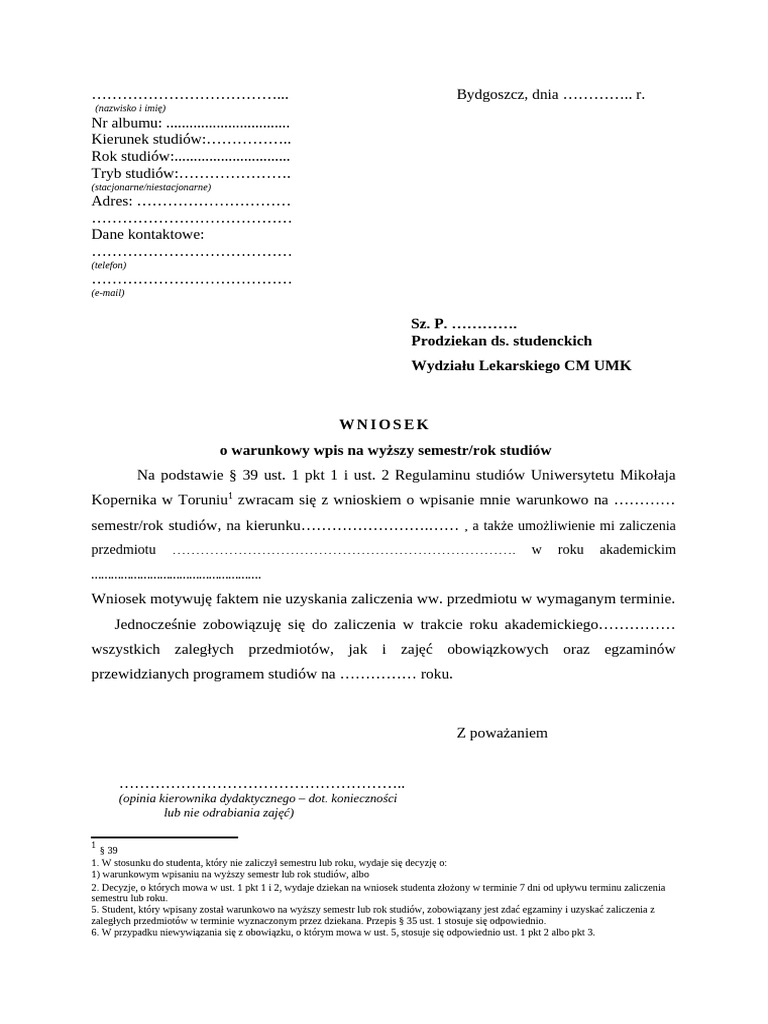 Wniosek o Warunkowy Wpis Na Kolejny Rok Studiow | PDF
