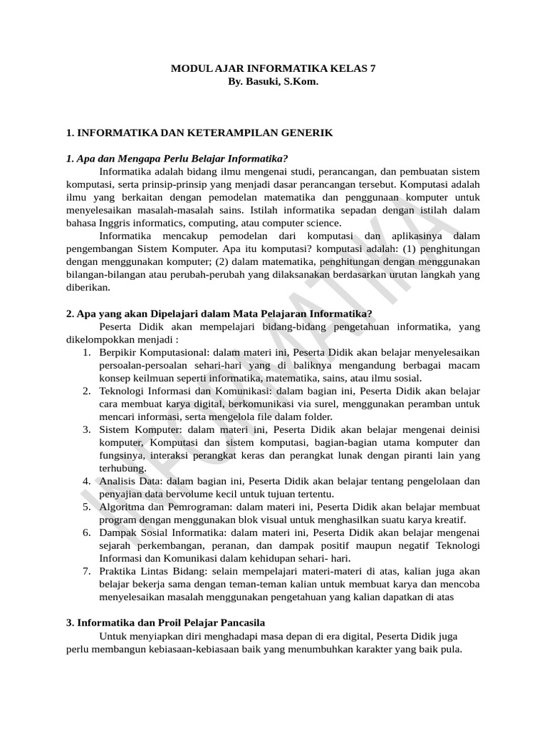 Modul Ajar Informatika Kelas 7 | PDF | Karier & Perkembangan | Seni