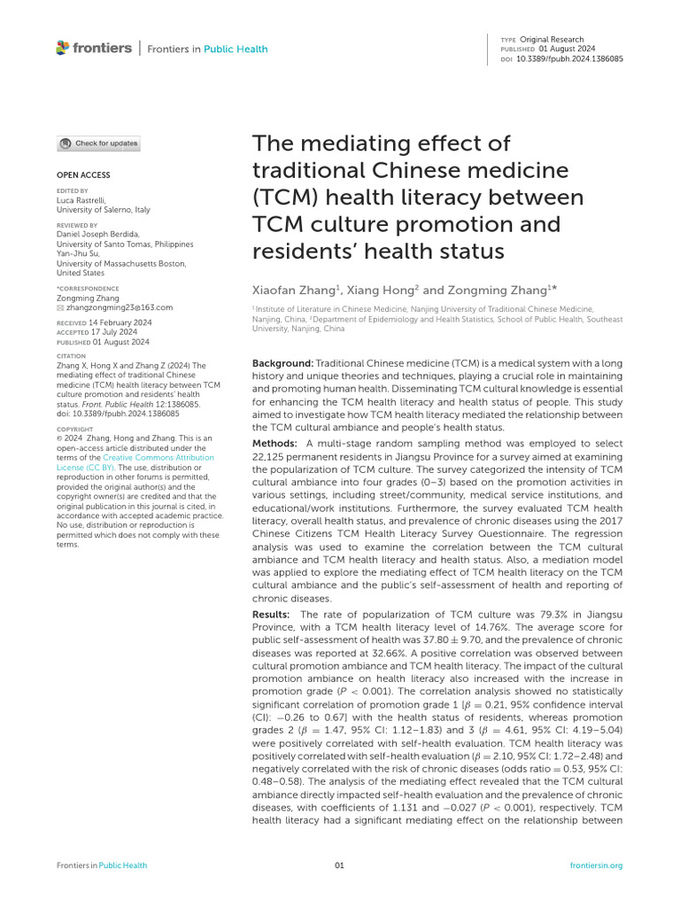 The Mediating Effect of Traditional Chinese Medicine (TCM) Health ...