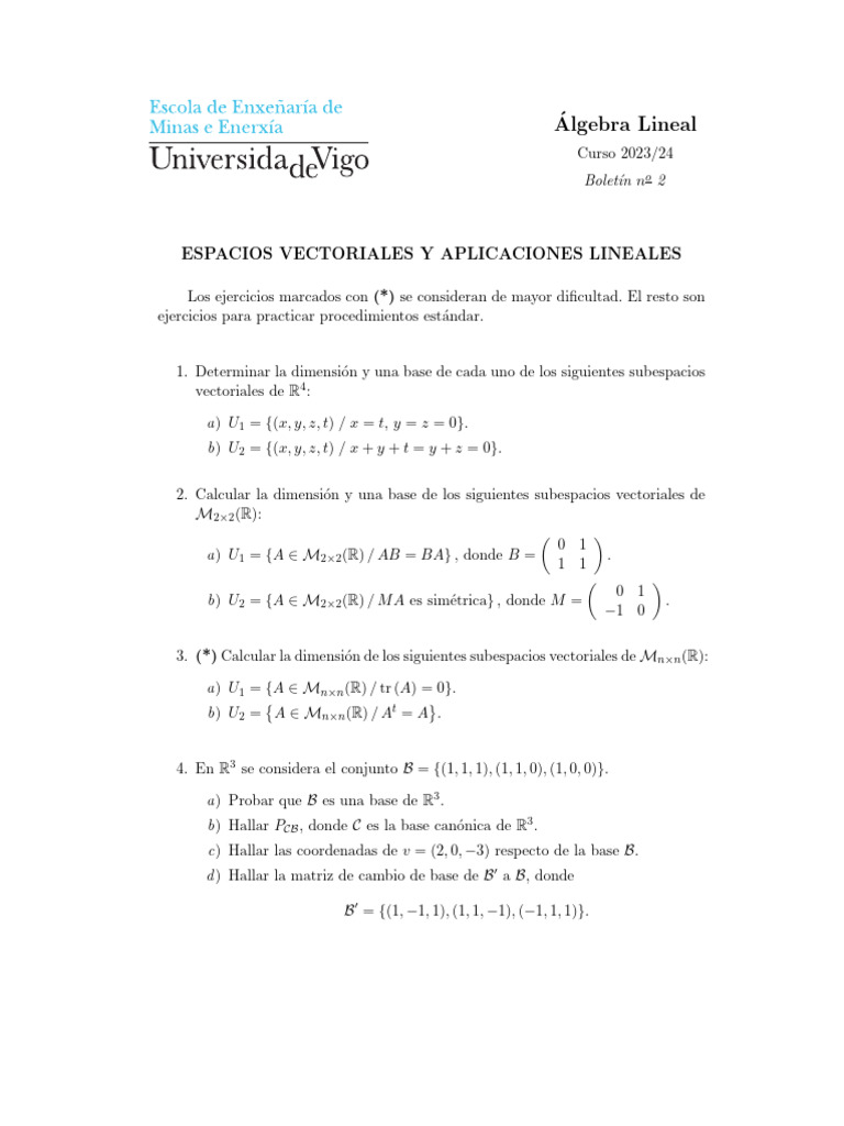 BOLETIN2 Alg | PDF | Base (álgebra lineal) | Mapa lineal