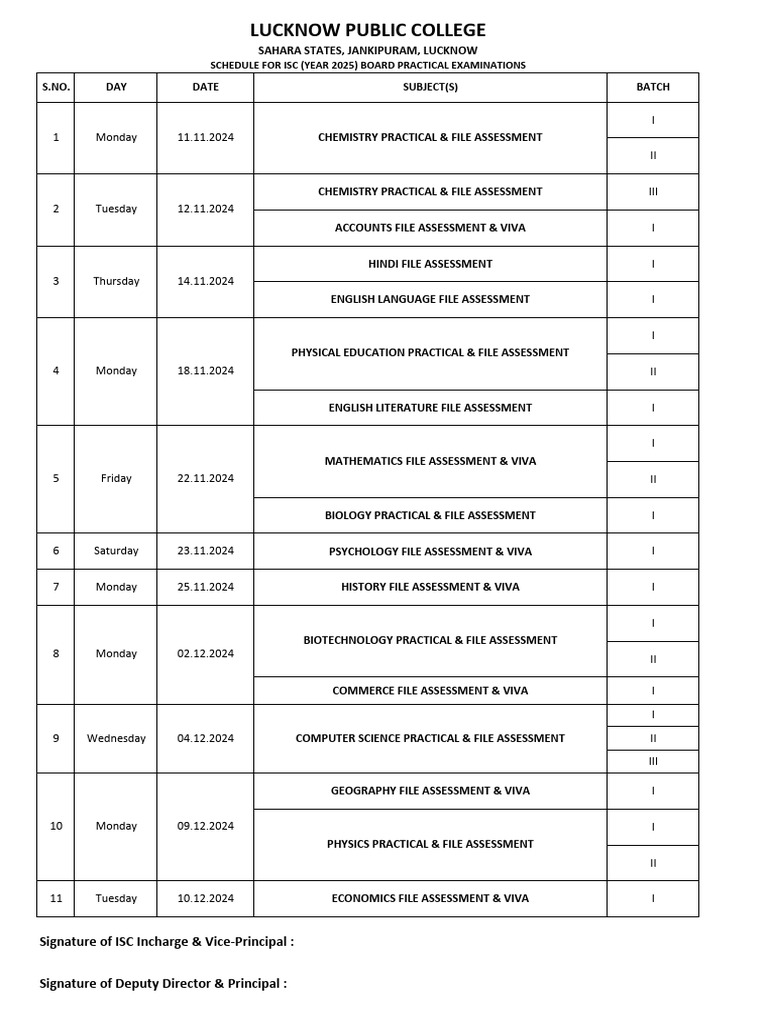 Schedule of Isc (2025) Board Practical Examinations | PDF