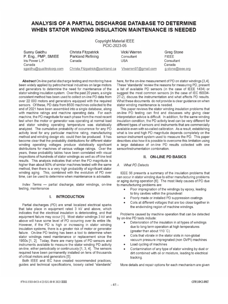 Paper - ANALYSIS OF A PARTIAL DISCHARGE DATABASE TO DETERMINE WHEN ...