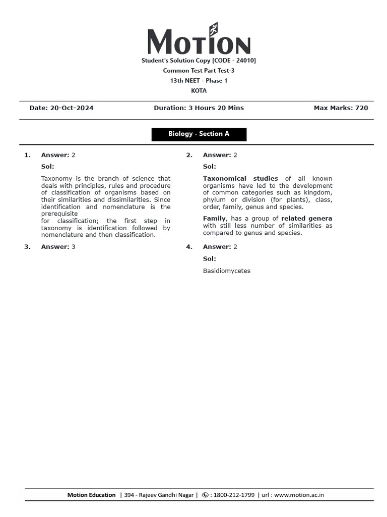 Solution-CMT-3-13th-20-10-2024 (E) | PDF | Meiosis | Endoplasmic Reticulum